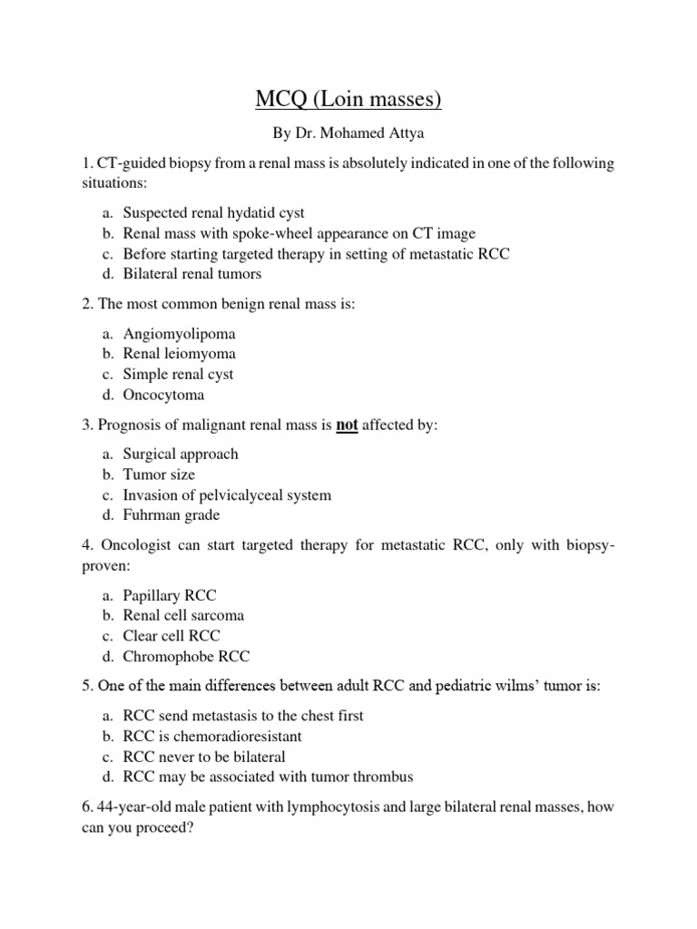 MCQs on Renal Masses and Management | PDF | Diseases And Disorders ...