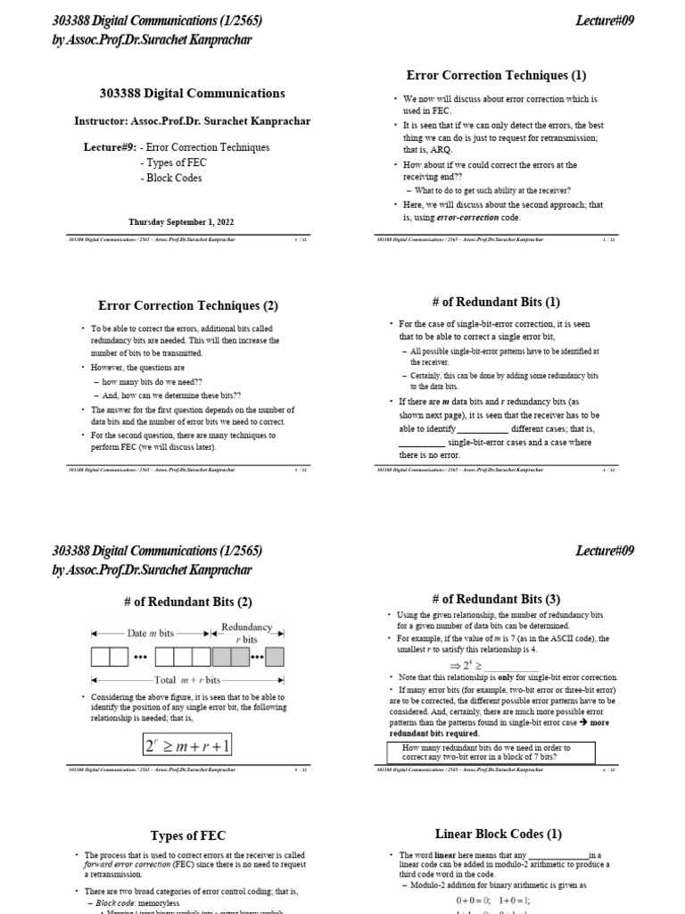 Lect09 1 2565 Slides 4by1 Gray | PDF | Error Detection And Correction | Telecommunications ...