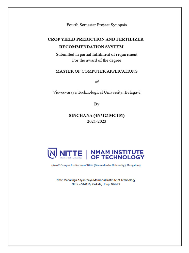 Crop Yield Prediction and Fertilizer Recommendation System Synopsis1 | PDF