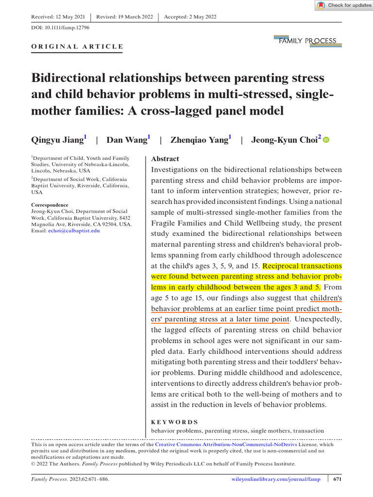 Jiang2022 Bidirectional Relationships Between Parenting Stress and ...