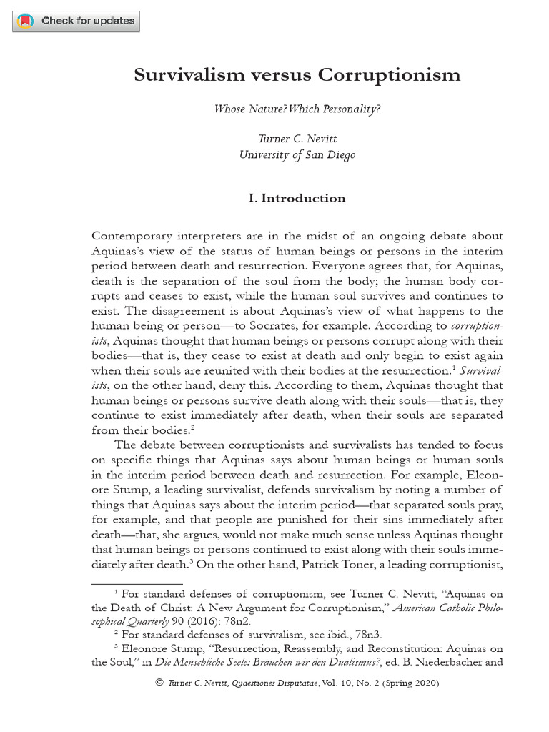 NEVITT Survivalism Versus Corruptionism | PDF | Thomas Aquinas | Soul