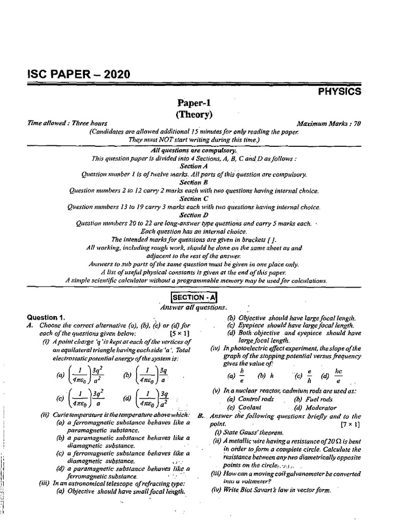 ISC 2020 Solved Paper Physics | PDF