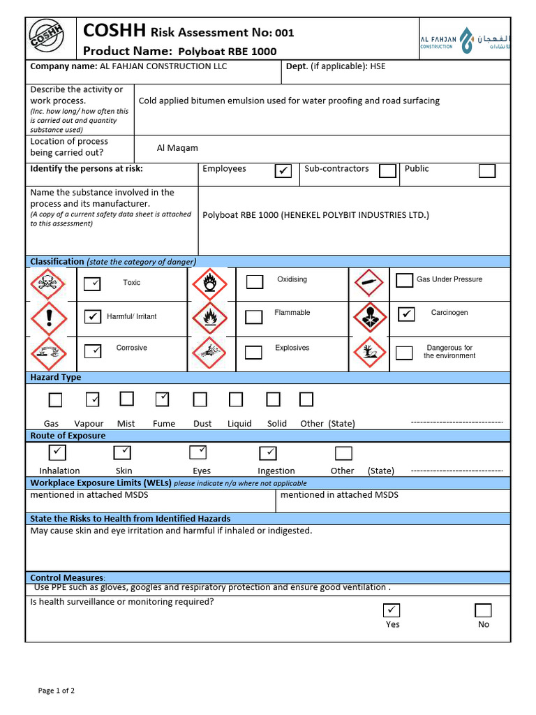 Coshh Assessment For Rbe 1000 | Download Free PDF | Personal Protective ...