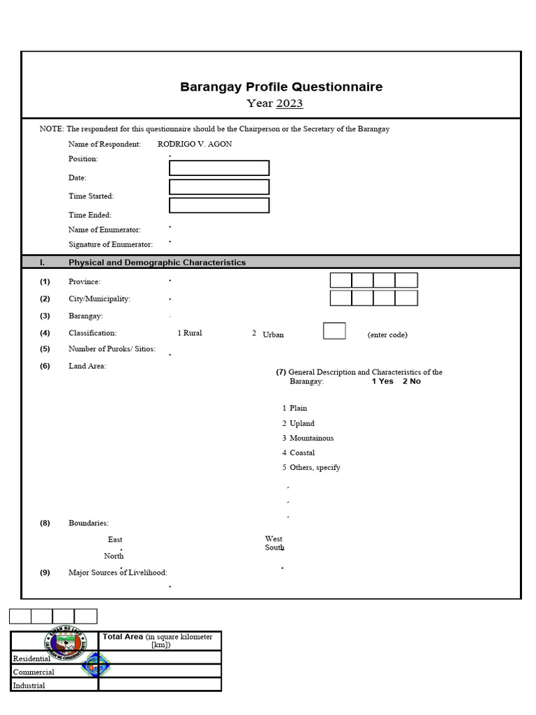 Barangay Profile Questionnaire 2023 | PDF | Road | Waste