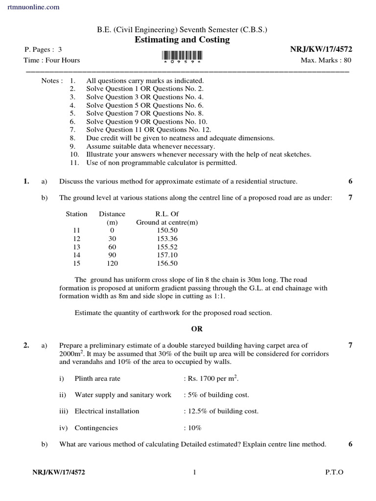 Ce 7 Sem Estimating and Costing Winter 2017 | PDF