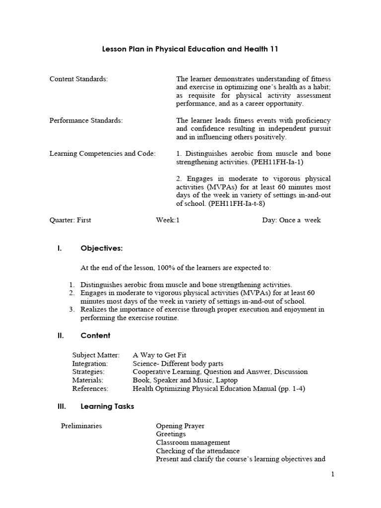 Physical Education Lesson Plan: Fitness Activities | PDF | Physical ...