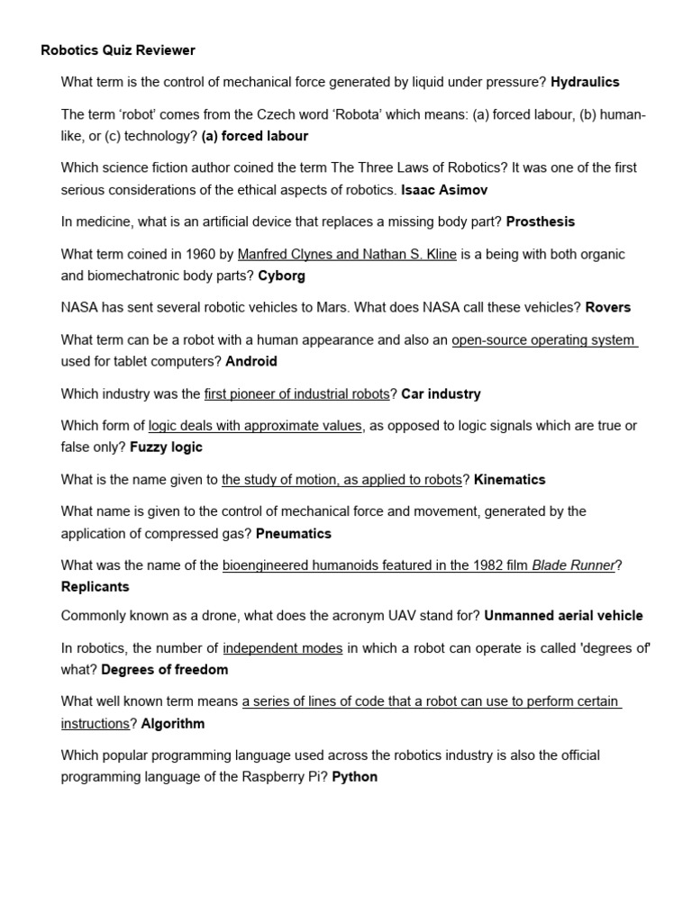 Robotics Quiz Reviewer | PDF | Robot | Robotics