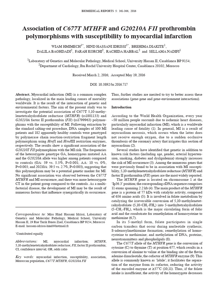 Association of C677T MTHFR and G20210A FII Prothrombin Polymorphisms With Susceptibility To ...