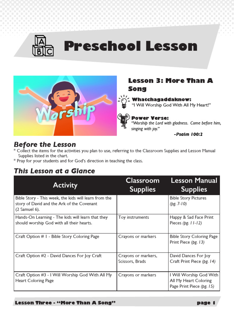 Lesson 3 Preschool - More Than A Song | PDF | David | Ark Of The Covenant
