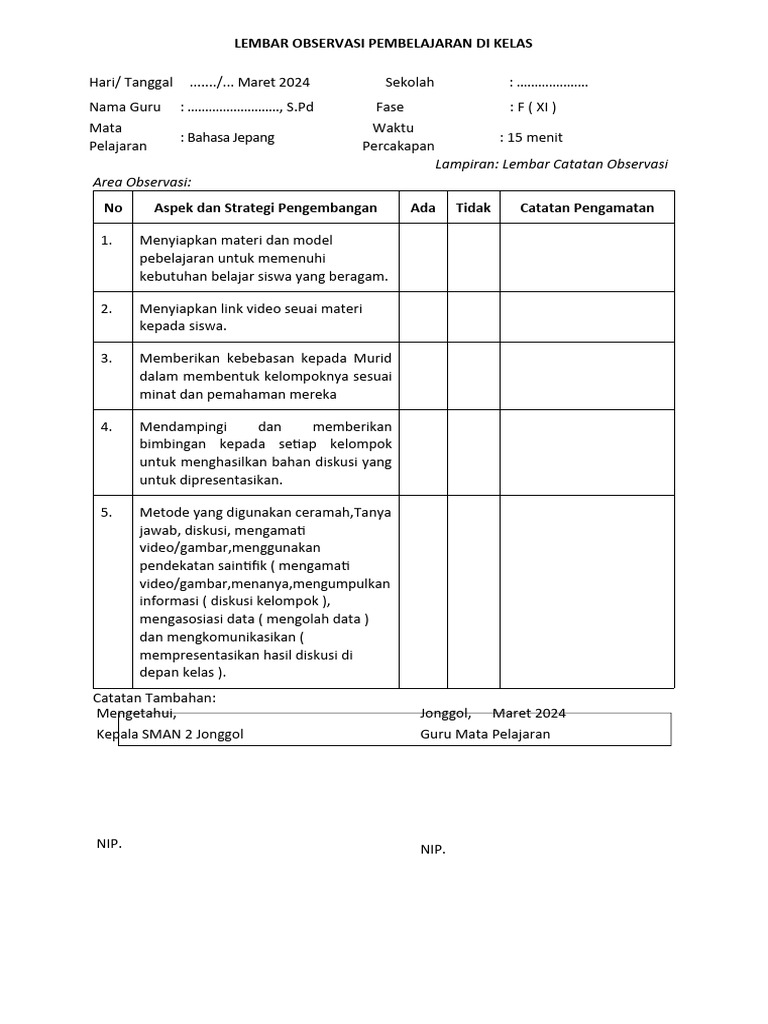 Lembar Observasi Pembelajaran Di Kelas | PDF | Karier & Perkembangan | Kajian Bahasa Asing