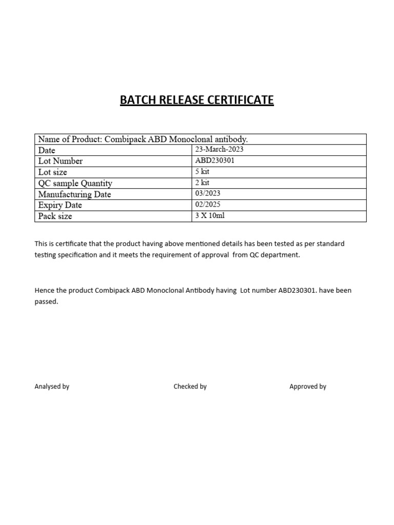 Batch Release Certificate ABD LOT 230301 | PDF