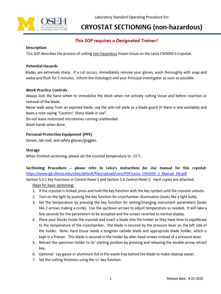 CRYOSTAT SECTIONING (Non-Hazardous) : This SOP Requires A Designated ...