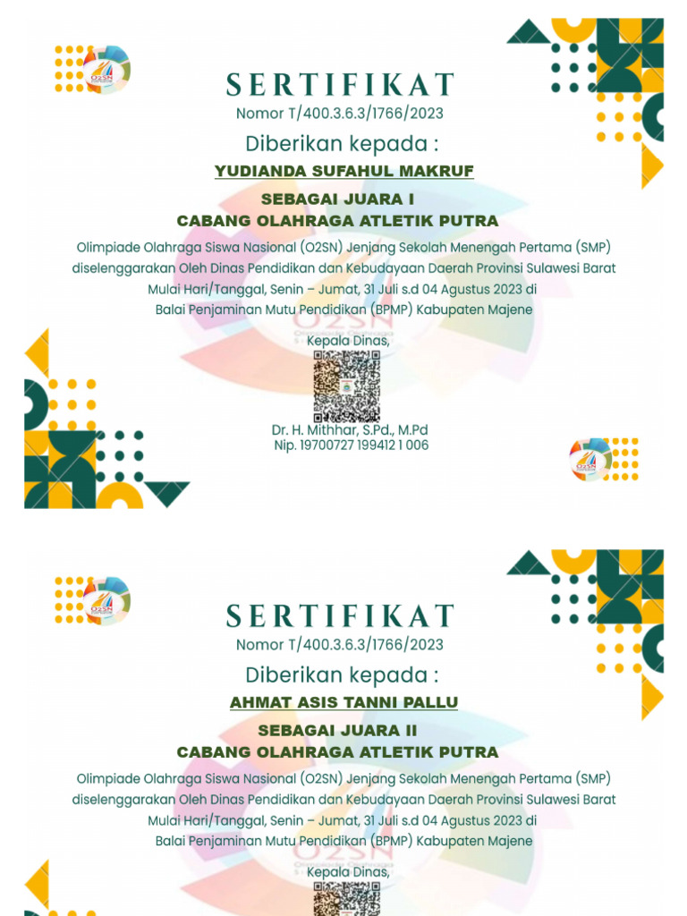 Sertifikat O2sn Jenjang SMP Ok | PDF