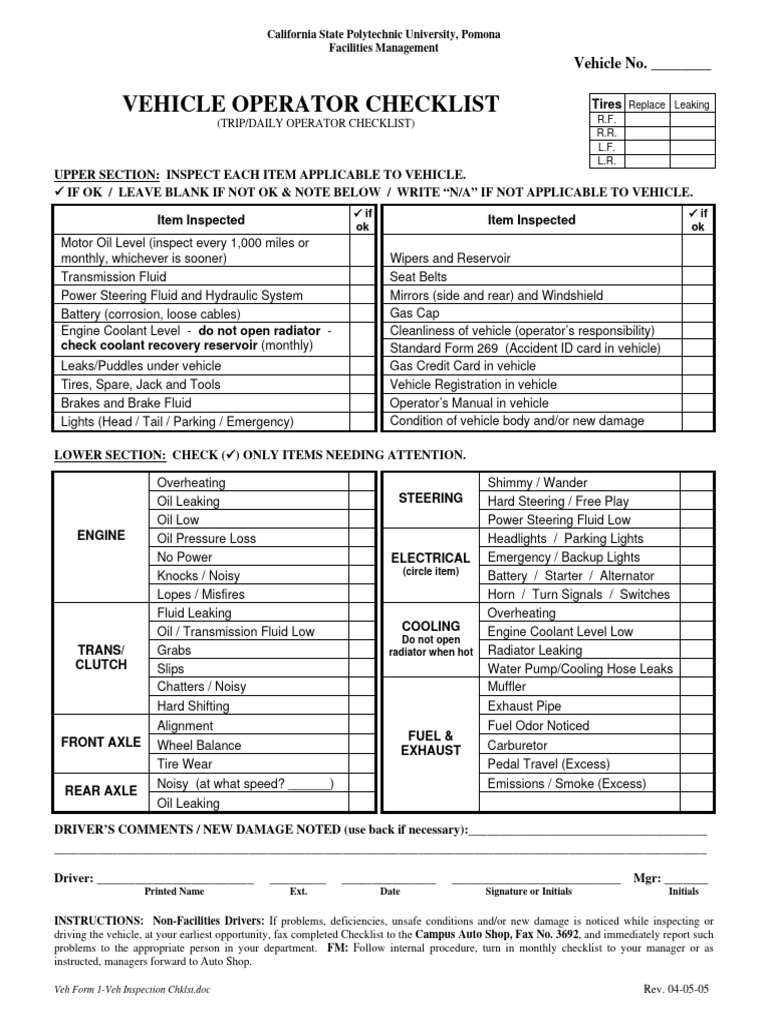Vehicle Inspection Checklist | PDF | Vehicles | Coolant