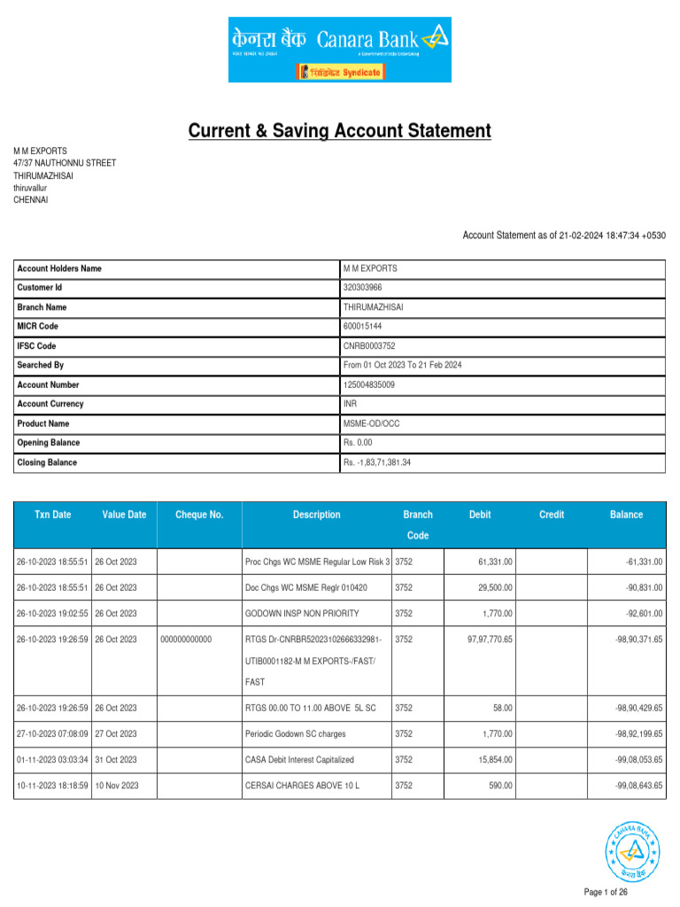 M M Exports Account Statement Summary | PDF | Debits And Credits | Cheque