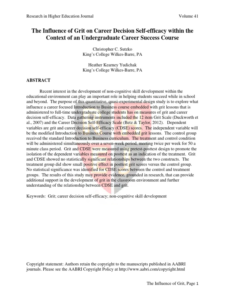 Grit with career decision self efficacy | PDF | Analysis Of Covariance | Self Efficacy