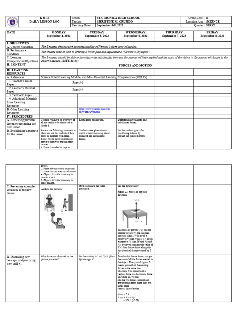 DLL Q1-Science 8 | PDF | Force | Learning