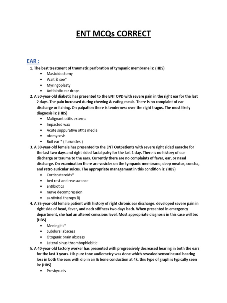 Ent Mcqs Correct Final | Download Free PDF | Ear | Hearing