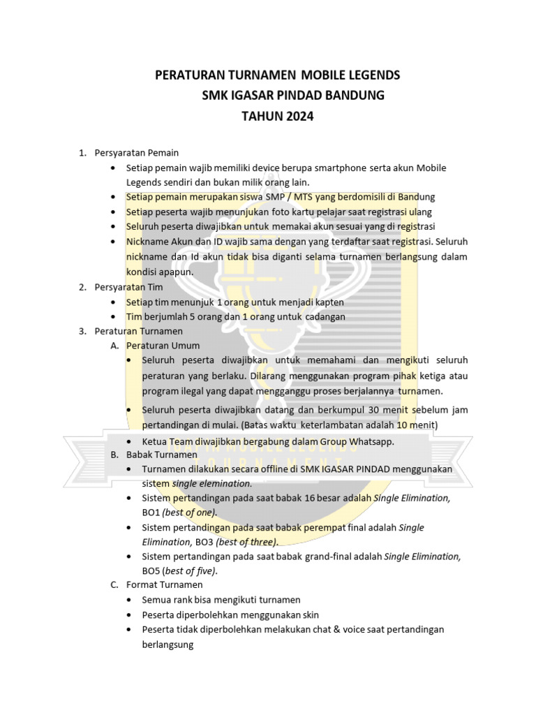 Peraturan Turnamen Mobile Legend Tahun 2024 | PDF