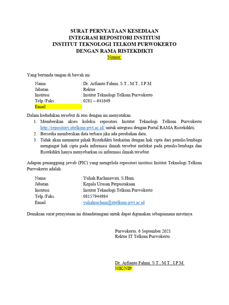 Surat Pernyataan Kesediaan Integrasi Repositori Dengan Rama Ristekdikti ...