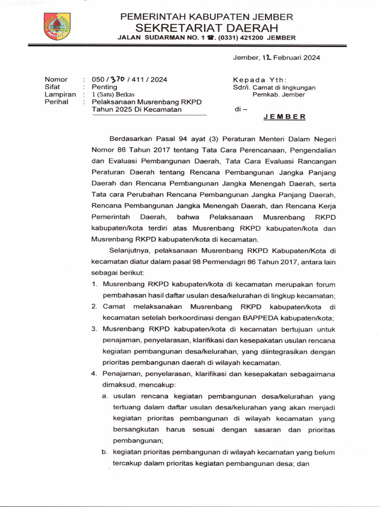 Surat Pelaksanaan Musrenbang RKPD tahun 2025 di Kecamatan | PDF