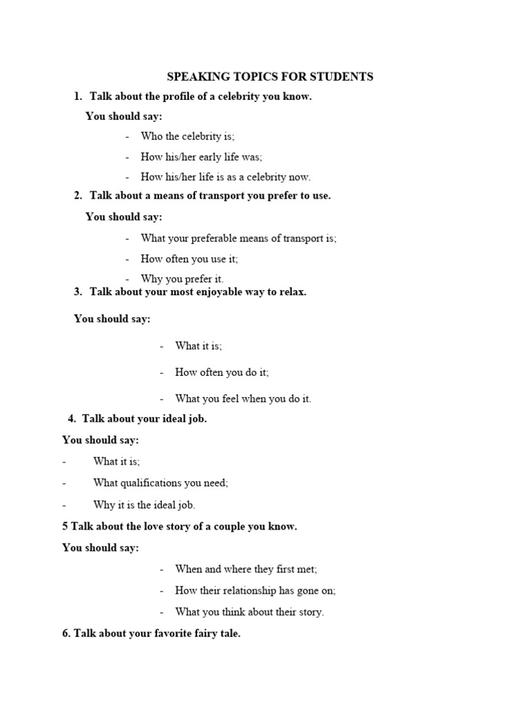 Engaging Speaking Topics for Students | PDF