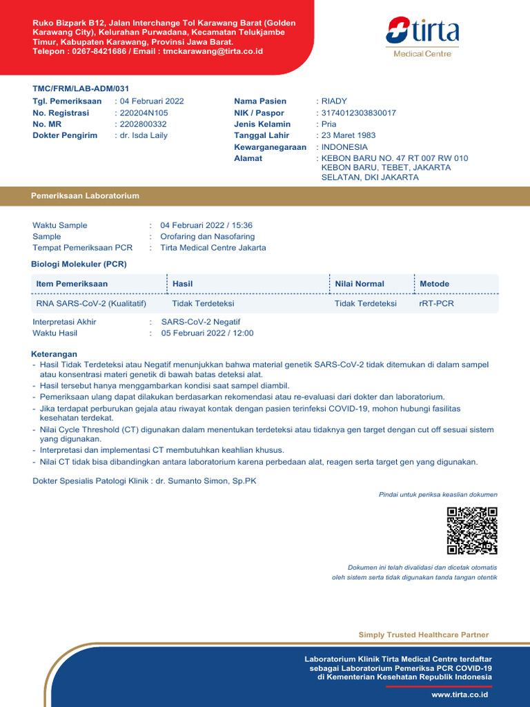 Riady - PCR Klinik Nafila Medika | PDF