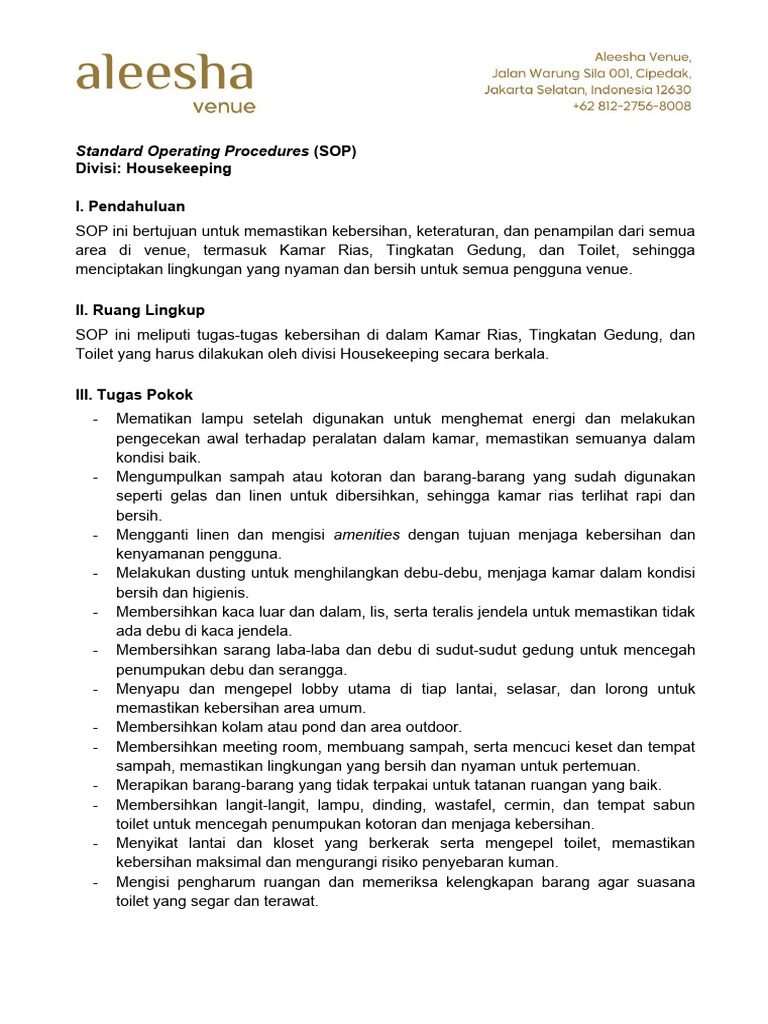 SOP Housekeeping (1) | PDF