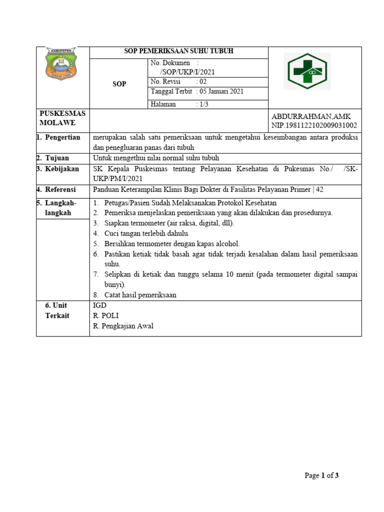 Sop Pemeriksaan Suhu Tubuh | PDF