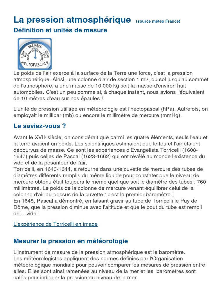 Définition et mesure de la pression atmosphérique | PDF | Pression ...