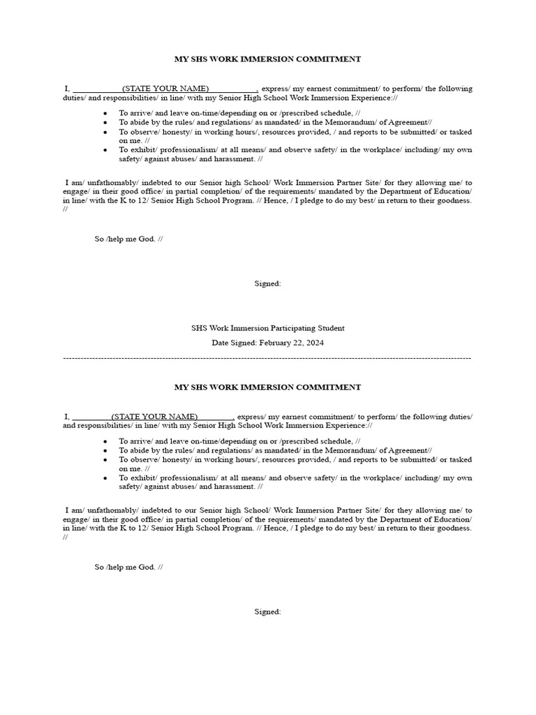 My Shs Work Immersion Commitment | PDF | Justice | Crime & Violence