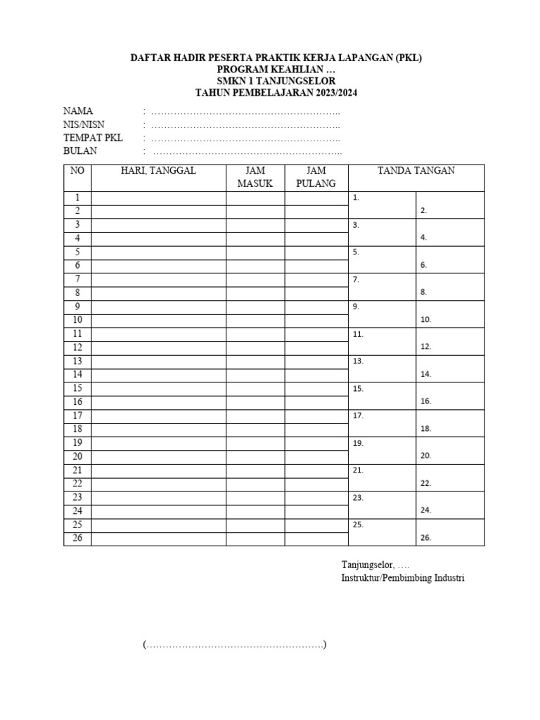Daftar Hadir Individu Peserta PKL | PDF