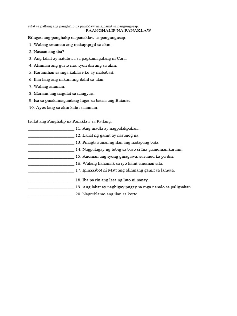 Panghalip Pananong at Panaklaw Worksheet | PDF