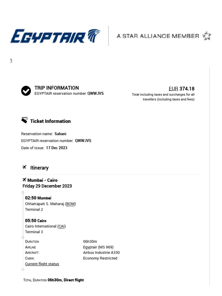 EGYPTAIR - Confirmation | PDF