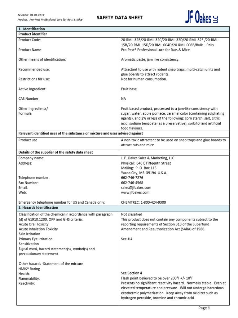 Safety Data Sheet: 1. Identification Product Identifier | PDF | Toxicity | Dangerous Goods