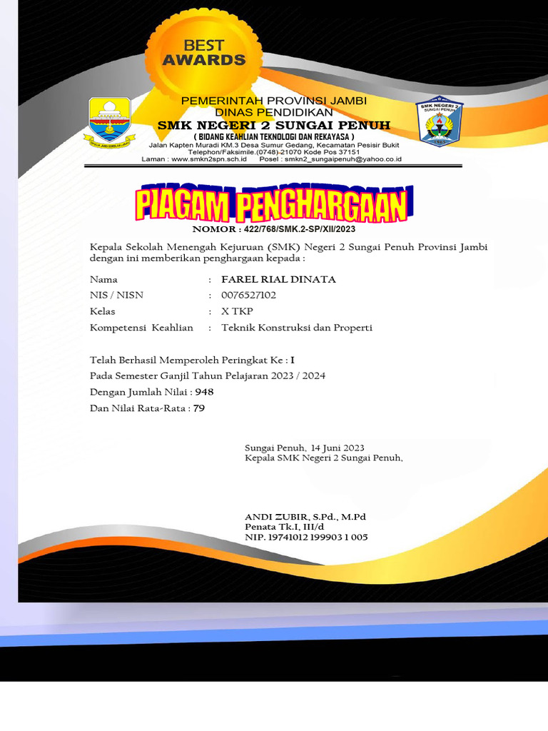 Piagam Sertifikat Peringkat Kelas - Ganjil 2023 - 2024 | PDF