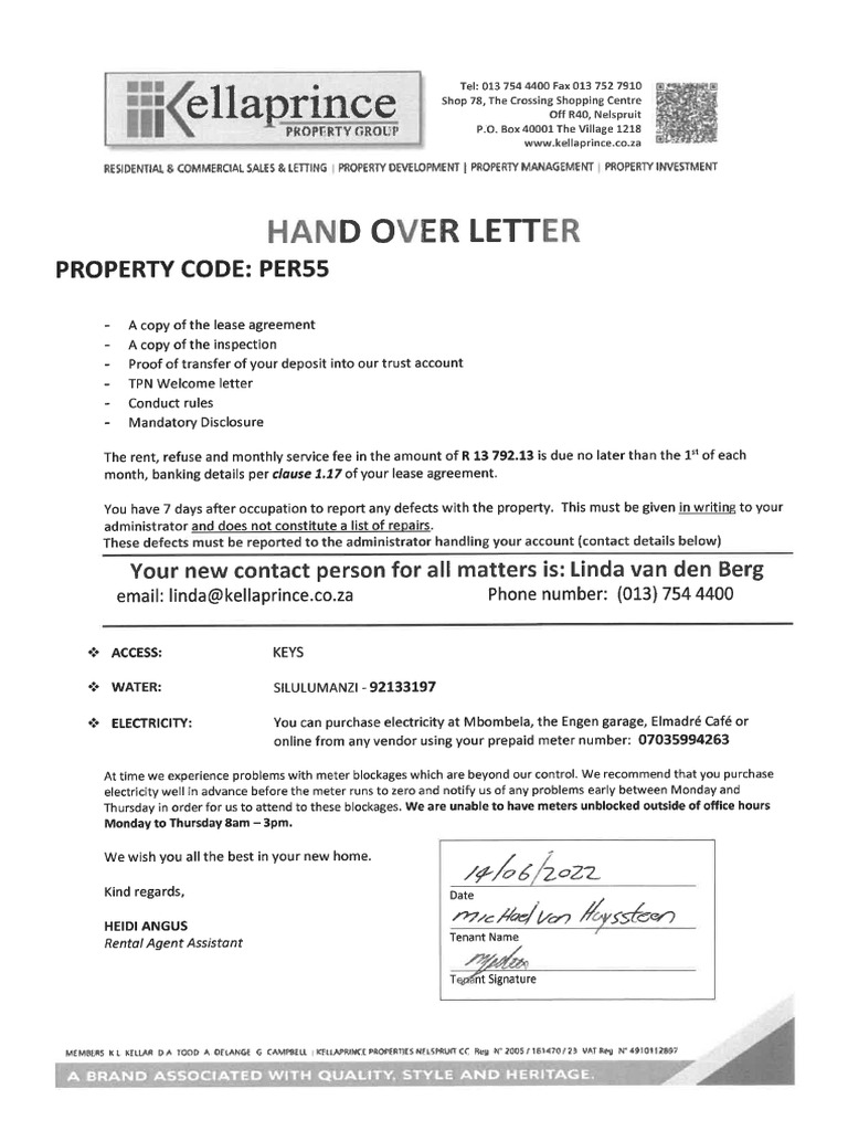 Per55 - Hand Over Letter - Michael Van Huyssteen | PDF