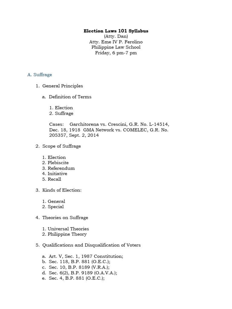 Election Law 101 Syllabus | PDF | Commission On Elections (Philippines ...