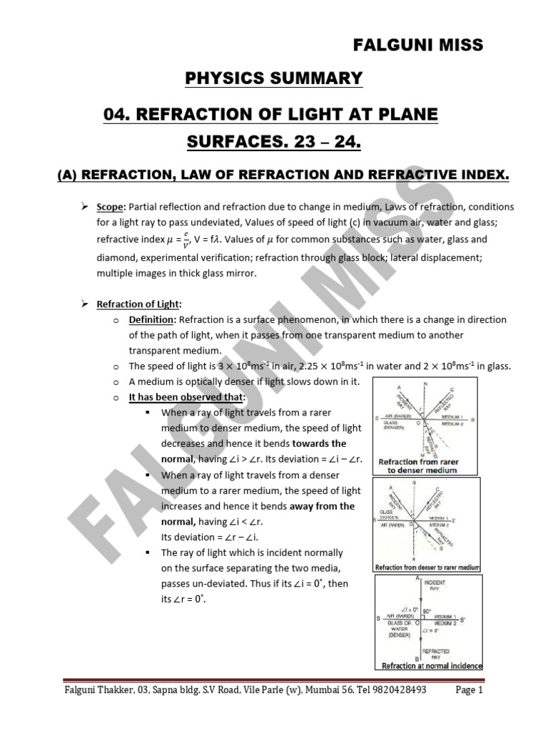 04 Phy Icse X Refraction Of Light Pdf