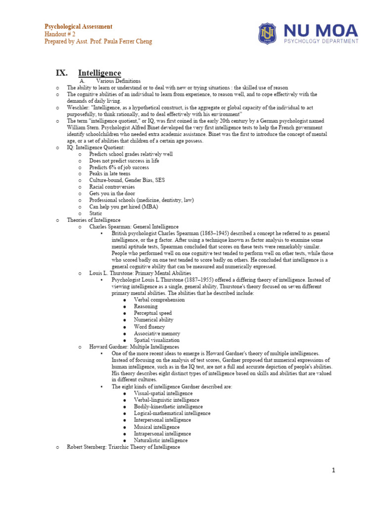 Handout 2 Psychological Assessment | PDF | Wechsler Adult Intelligence ...