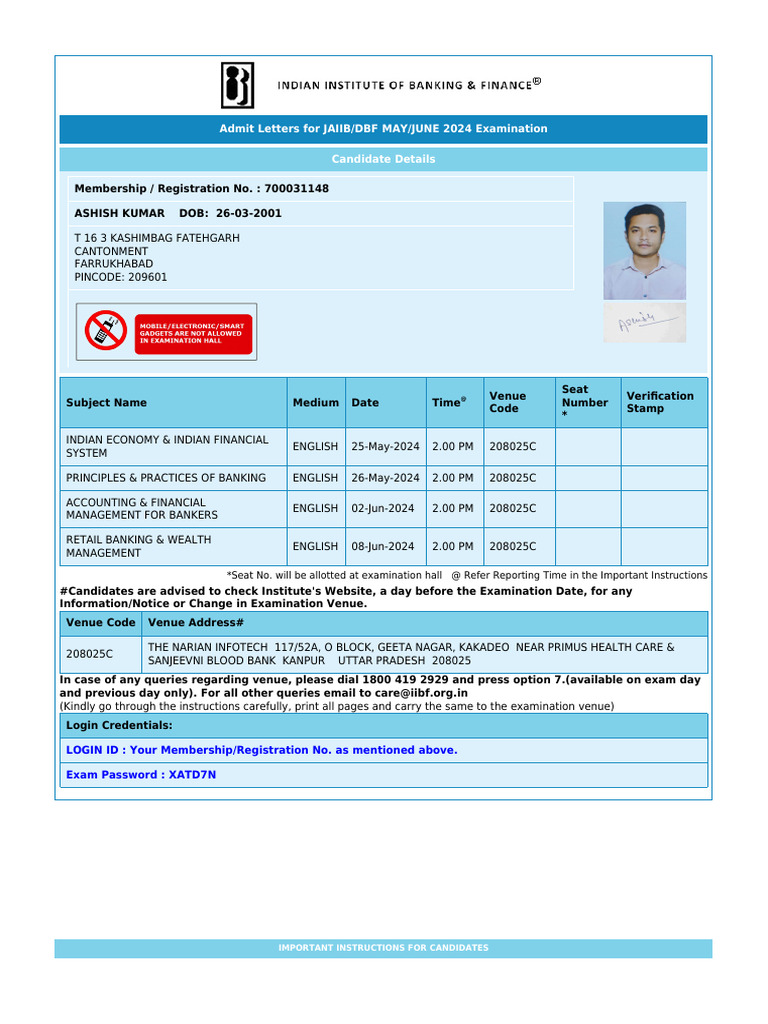 Admit Letters For JAIIB/DBF MAY/JUNE 2024 Examination Candidate Details ...