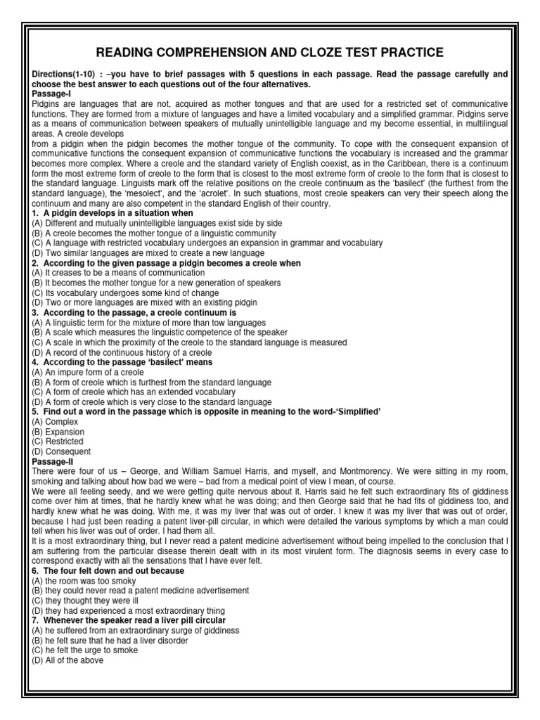 READING COMPREHENSION AND CLOZE TEST PRACTICE - Docxs | PDF | Fires | Smoke