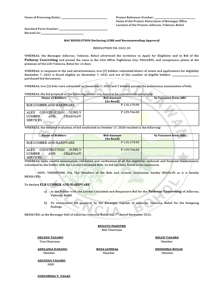 LCRB Resolution for Barangay Office Renovation | PDF