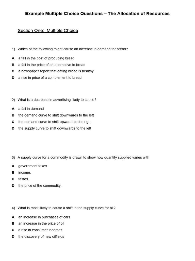 Example Multiple Choice Questions | PDF | Demand | Price Elasticity Of ...