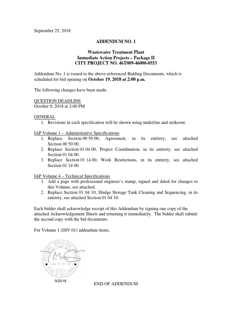 WWTP Immediate Action Projects Package II - Addendum 1 | PDF | Clean Water Act | General Contractor