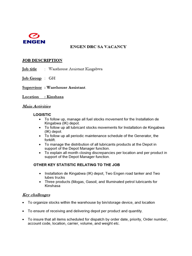 Warehouse Assistant Vacancy in Kinshasa | PDF | Warehouse | Logistics
