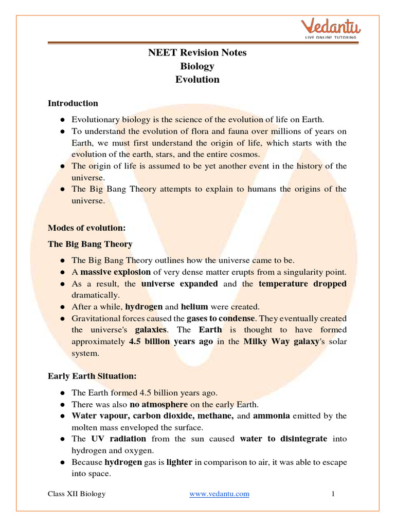 Revision Notes On Evolution For NEET 2023 - Free PDF Download | PDF ...