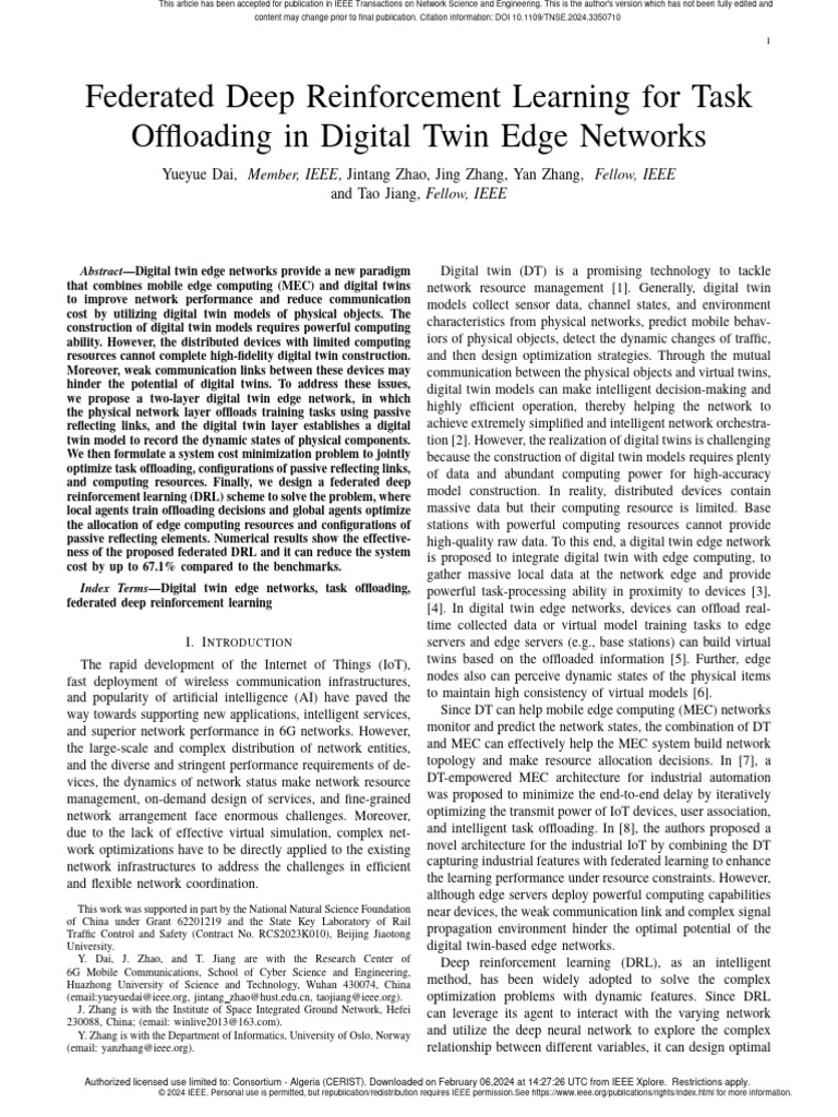 Federated Deep Reinforcement Learning For Task Offloading in Digital Twin Edge Networks | PDF ...