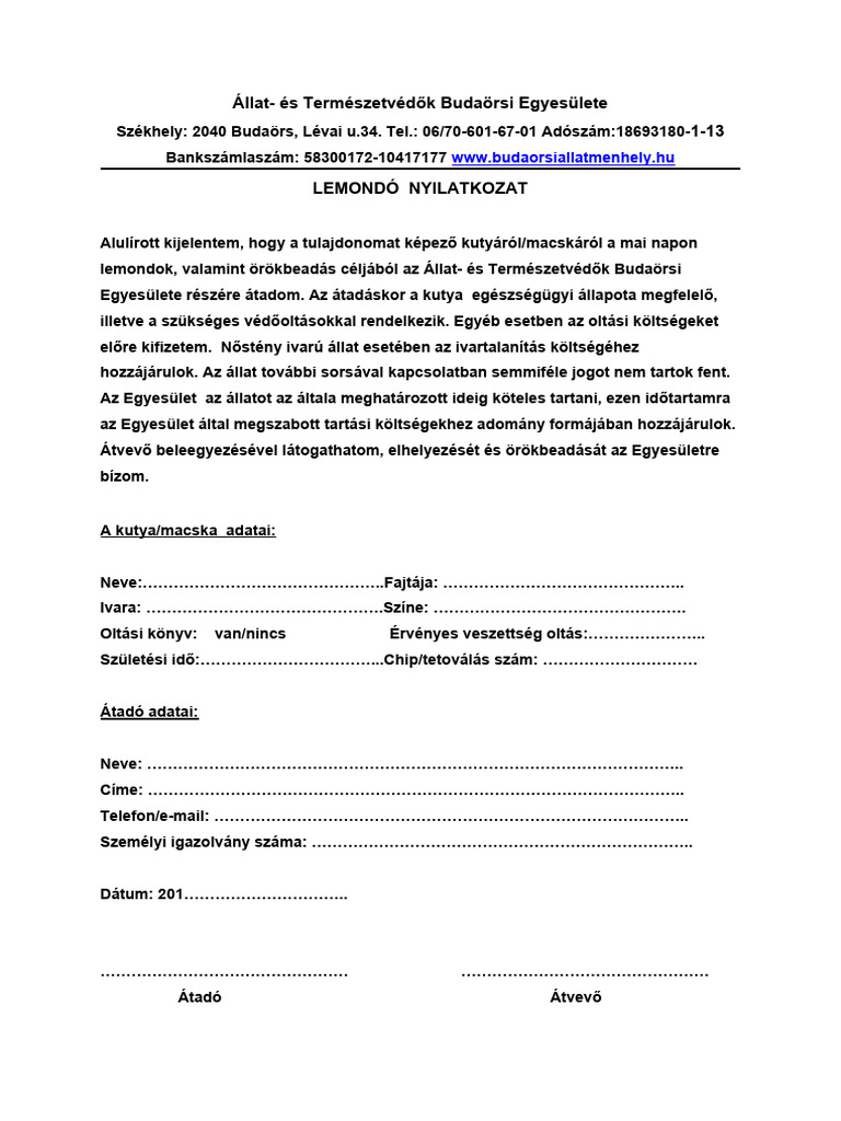 Lemondó Nyilatkozat - Budaörsi Állatmenhely | PDF