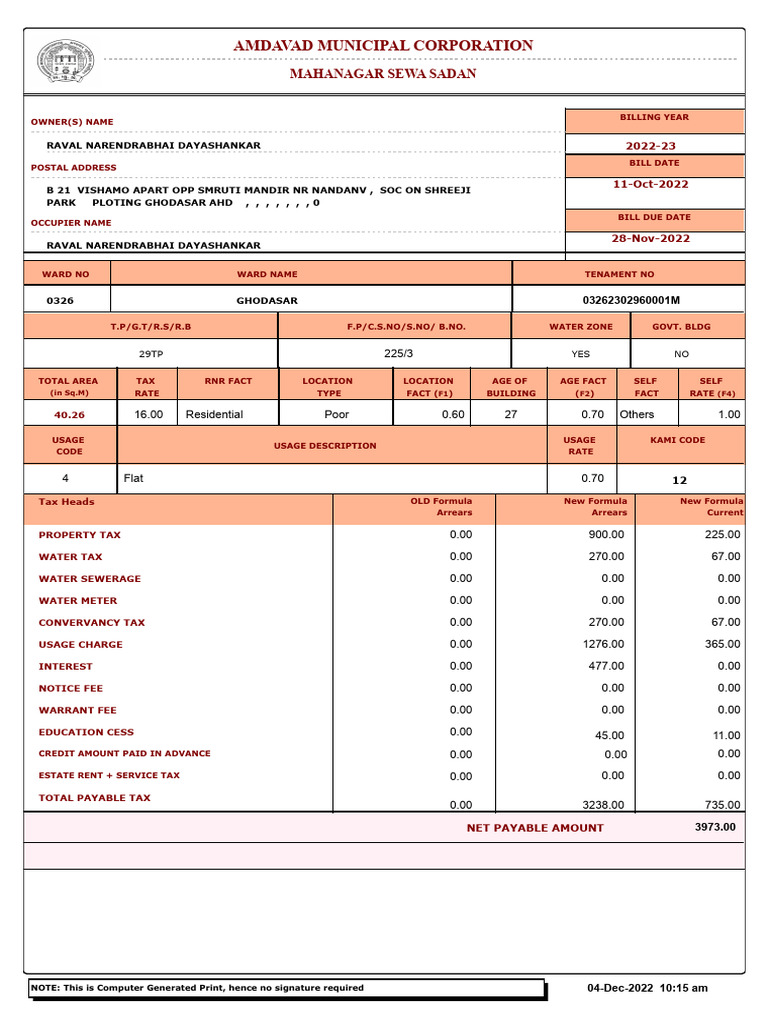 Ahmedabad Property Tax Bill 2022-23 | PDF | Taxes | Money